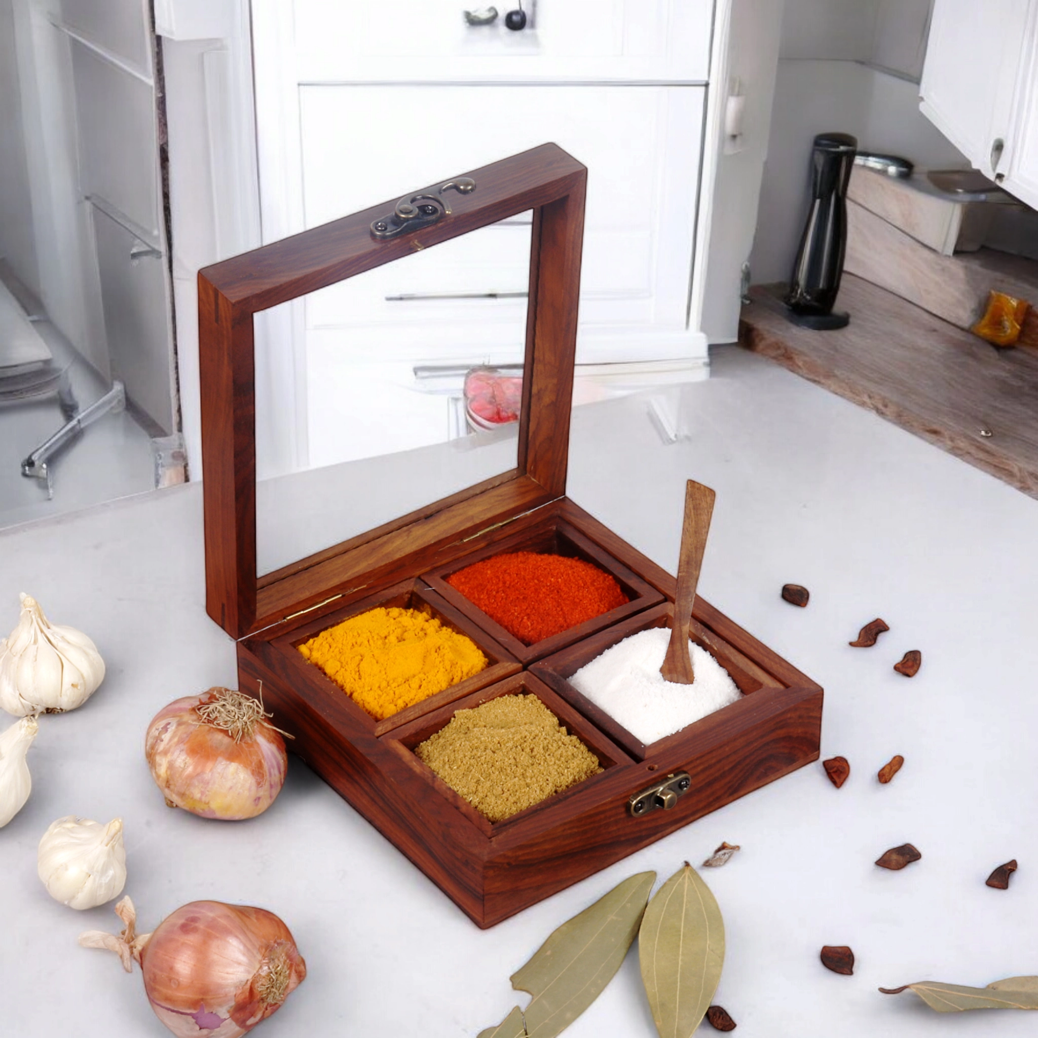 Wooden Spice Box, Masala Dabba, Masala Box, Spice Box for Kitchen ...