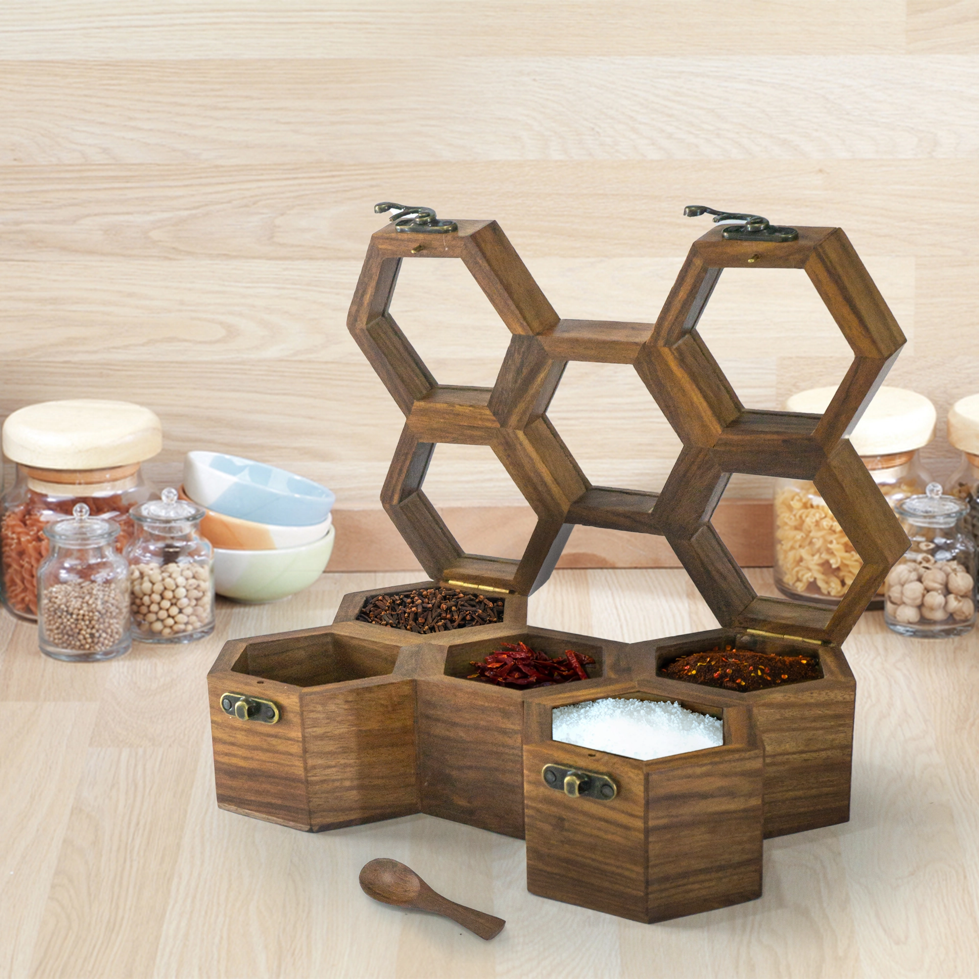 Wooden Spice Box Set for Kitchen, Masala Dabba Containers, Spice ...
