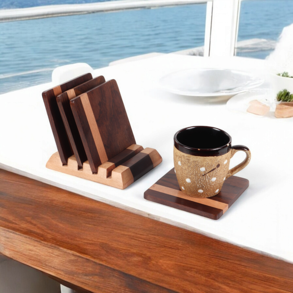 Handcrafted Wooden Coaster Set: Premium Rosewood & Beechwood with ...
