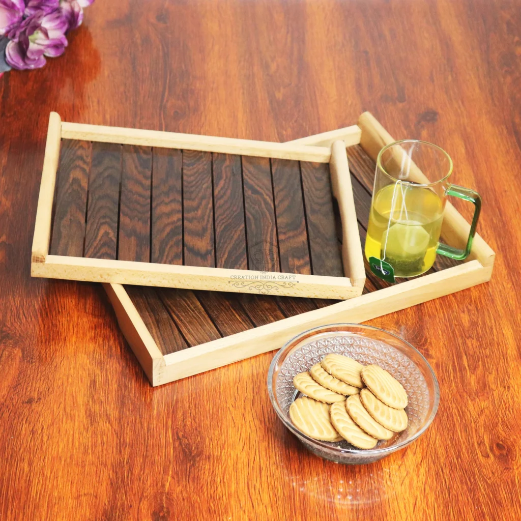 Wooden Serving Tray Set of 2 for Dining Table Rectangle Shape Classic ...