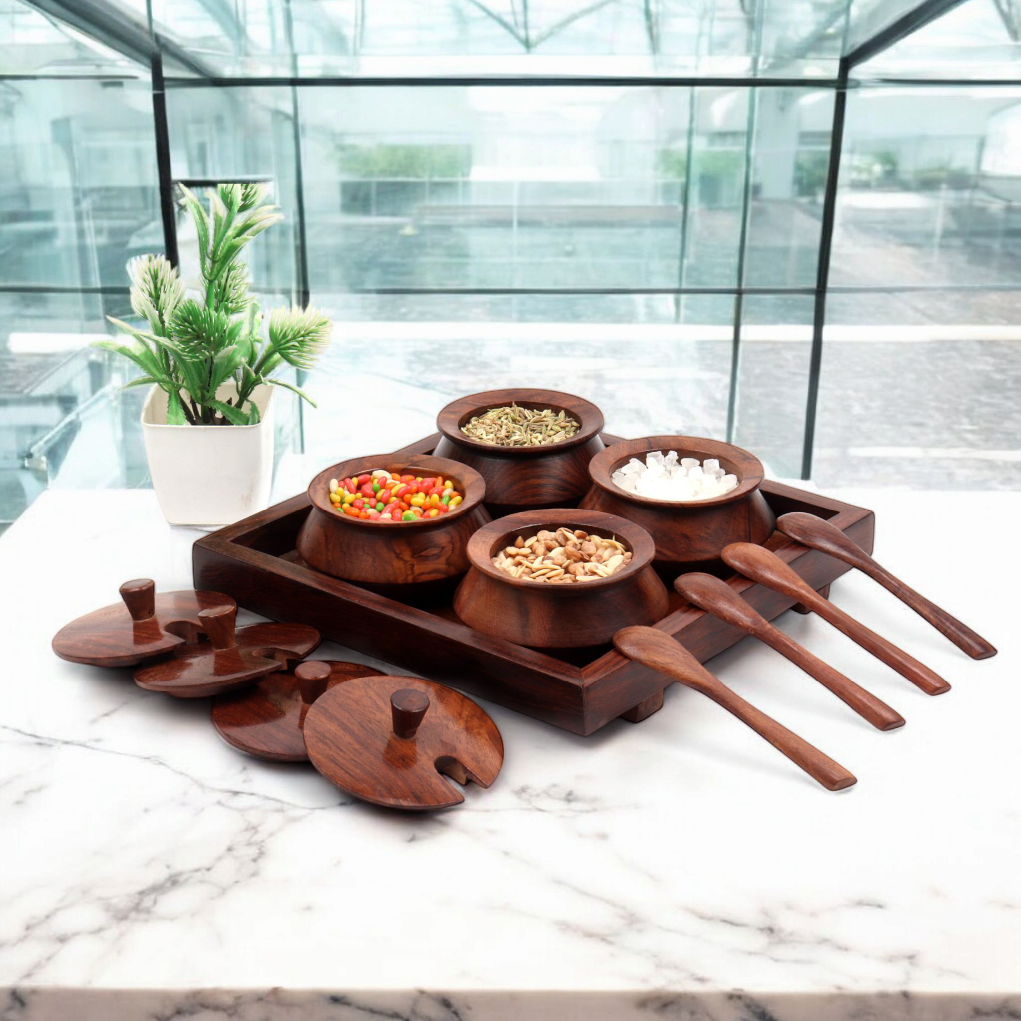 Elegant Wooden Serving Jar Set for Condiments, Mouth Fresheners, and ...