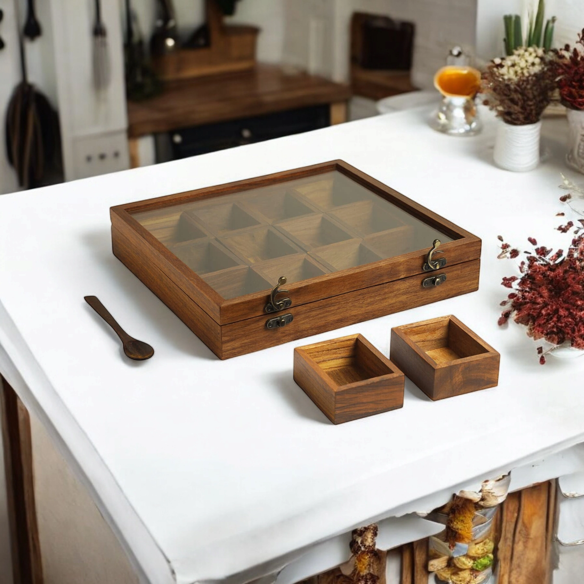 A Timeless Treasure: Wooden Spice Box with Glass Lid - Organize Your ...