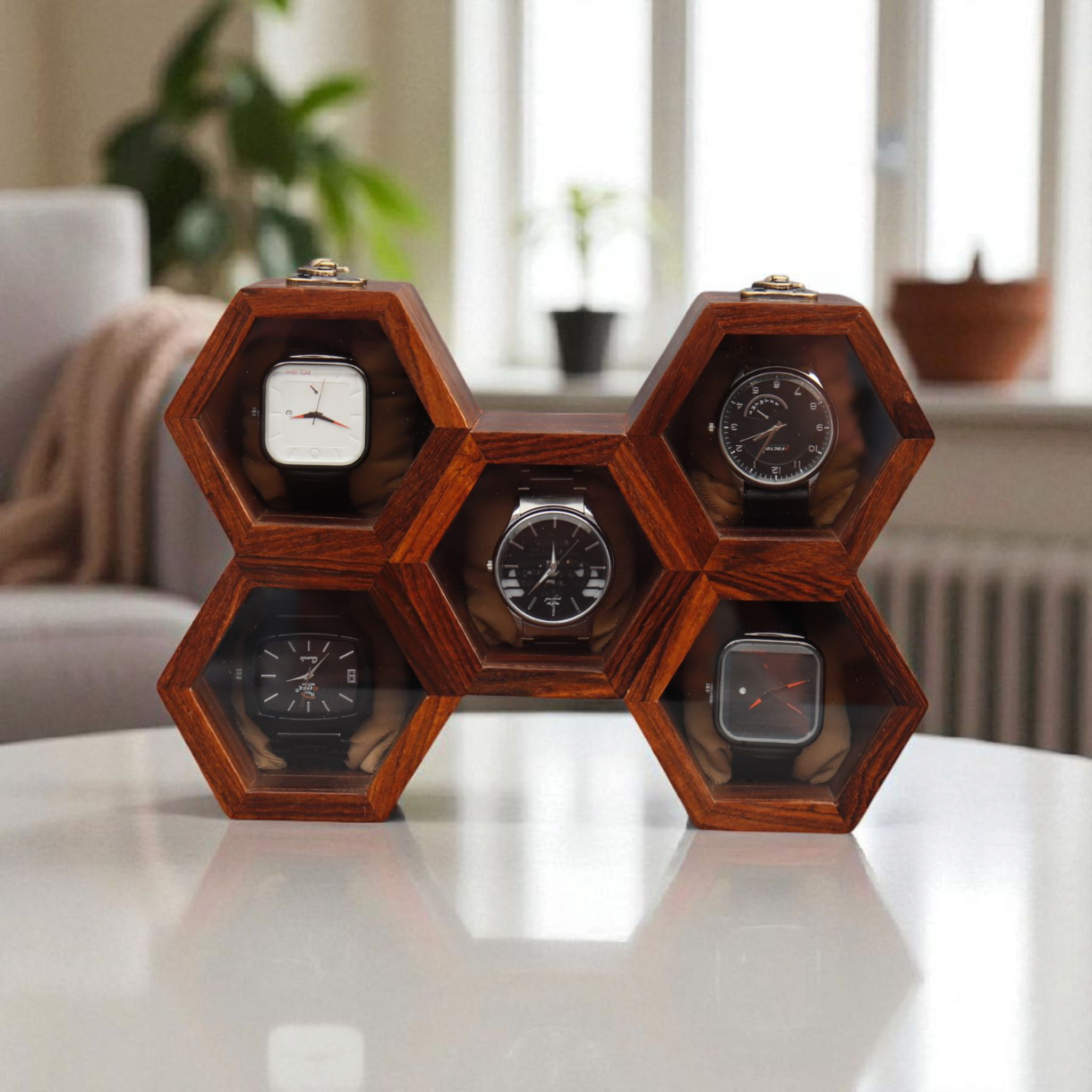 Vintage Wooden Watch Box for Men, Honeycomb Shape Timepiece Display ...