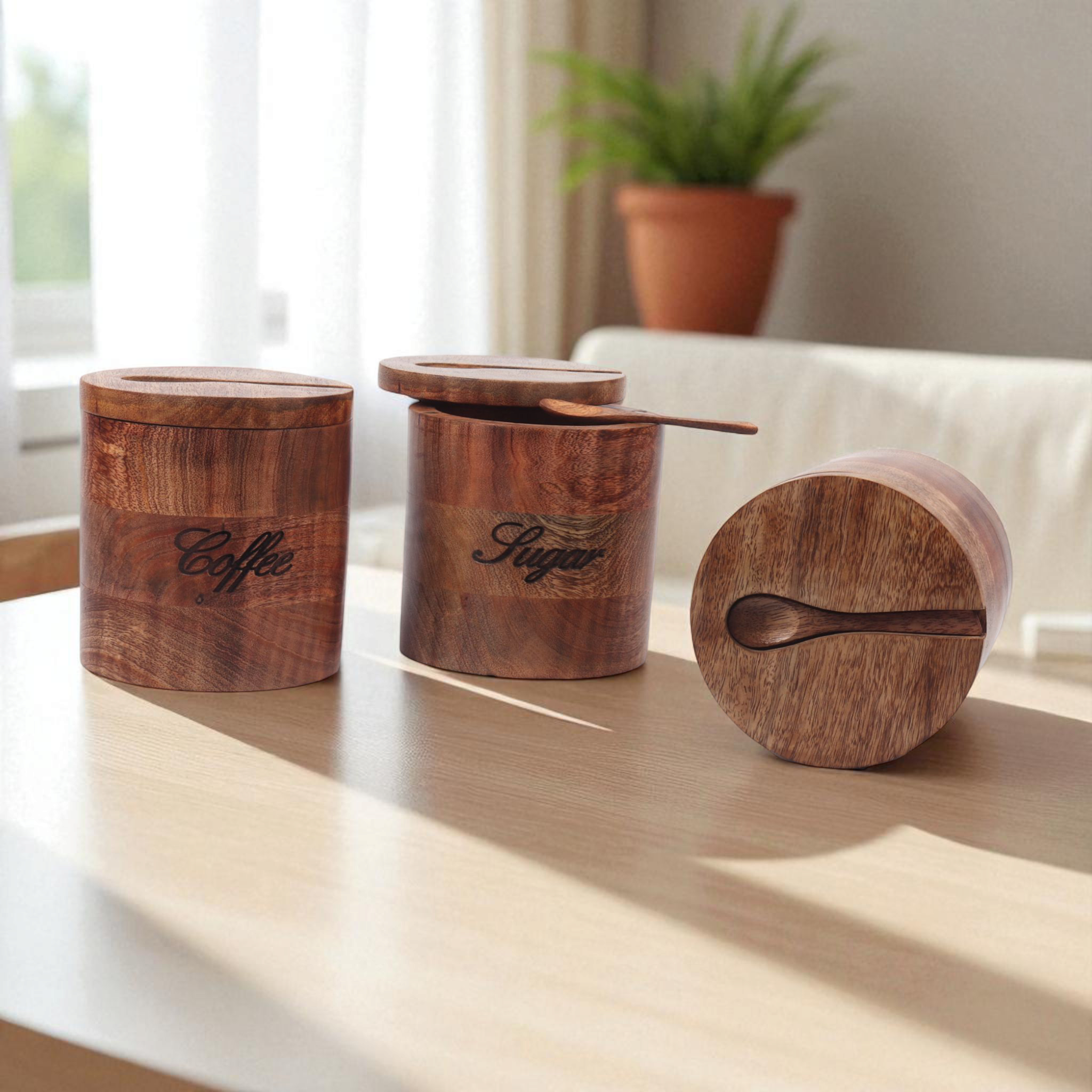 Wooden Jars for Kitchen, Jar Set for Tea, Coffee & Sugar Storage ...