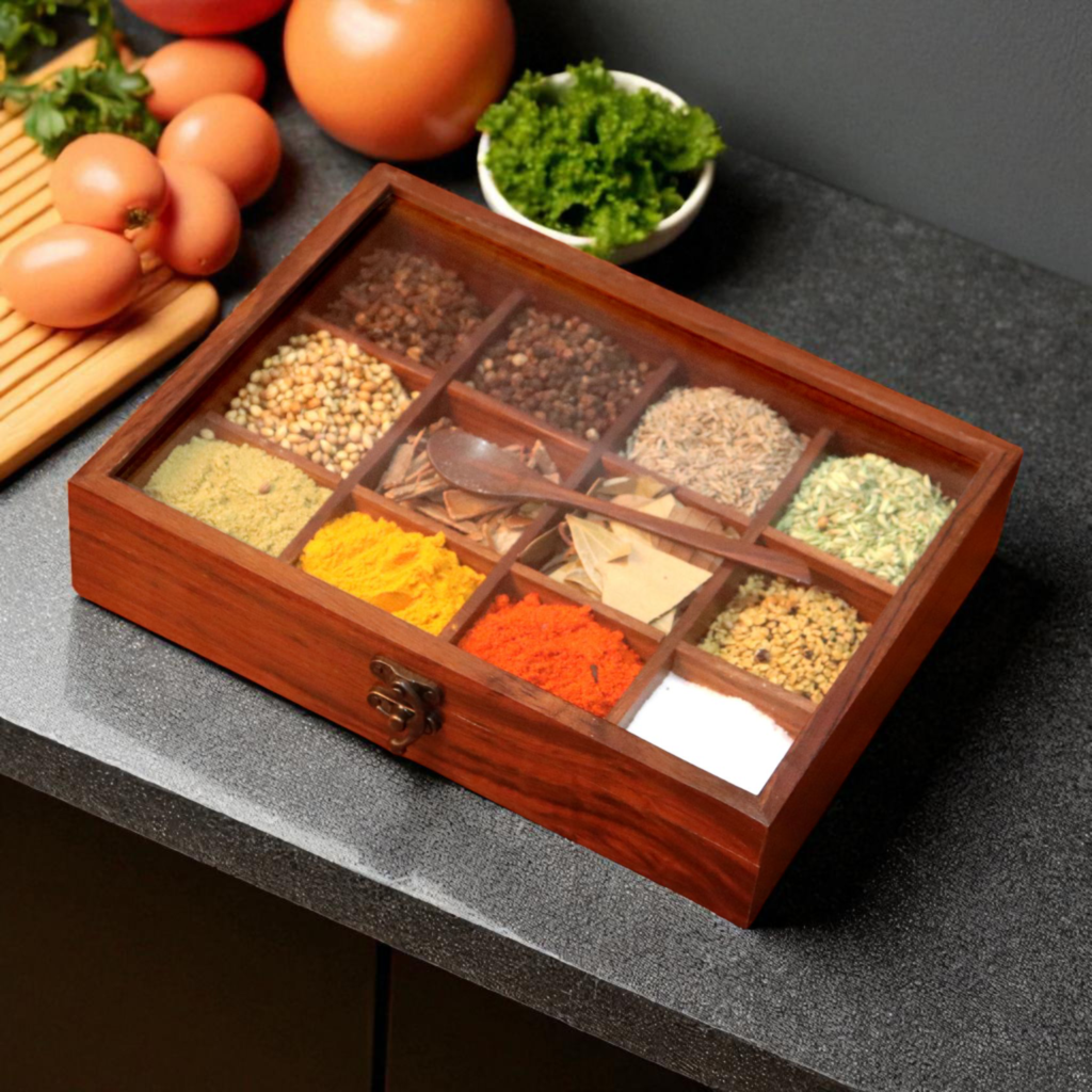 Wooden Spice Box for Kitchen, Masala Dabba Containers, Spice Storage ...